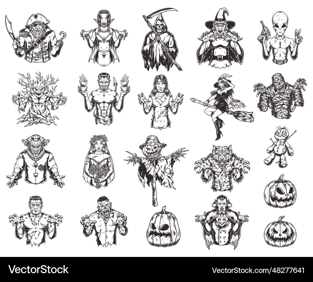 Halloween monster set elements monochrome Vector Image