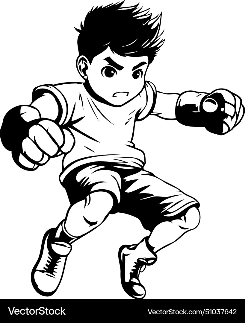 Cute little boy doing a kick in cartoon style Vector Image