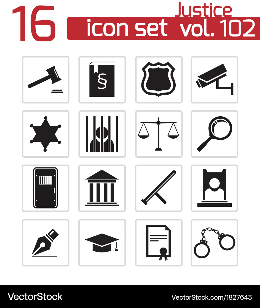 Black justice icons set Royalty Free Vector Image