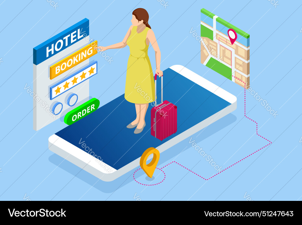 Isometric online hotel booking concept young Vector Image