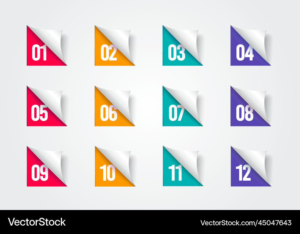 Peeled corner bullet points 1 to 12 Royalty Free Vector