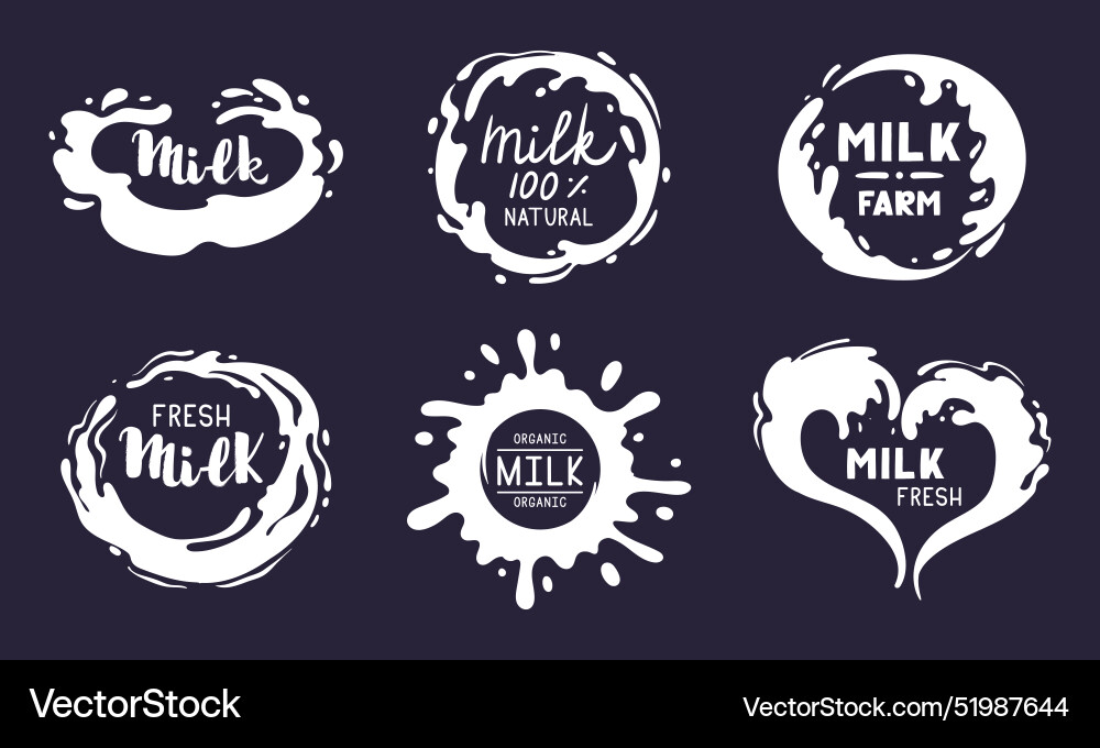 Milk flows logos cartoon splash labels cow Vector Image