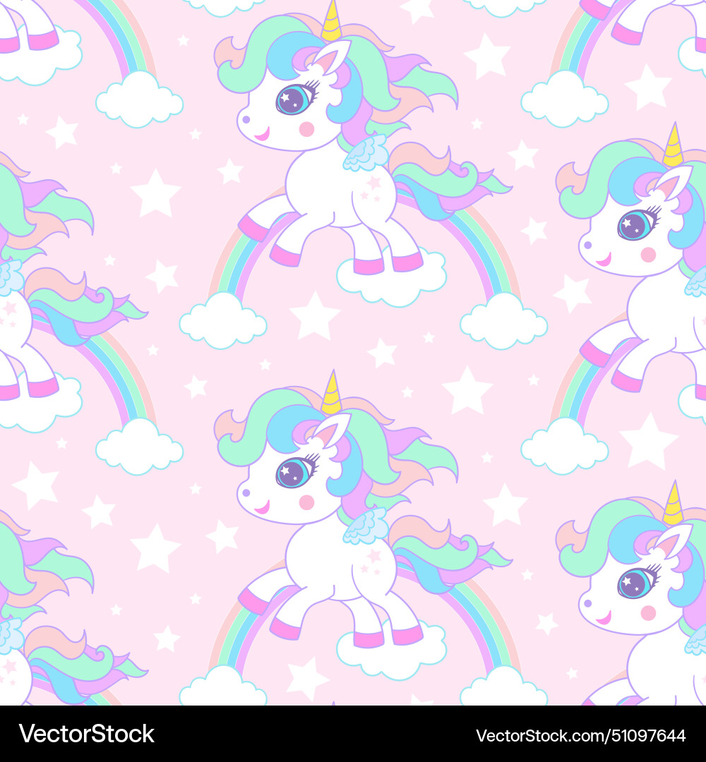Seamless pattern with white unicorns and rainbows Vector Image