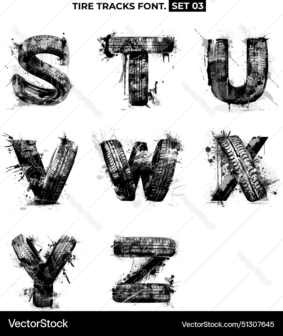 Tire tracks font set 03 Royalty Free Vector Image