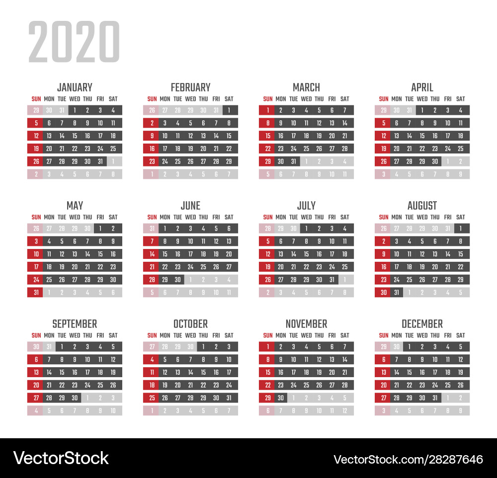 Calendar for 2020 starts sunday Royalty Free Vector Image