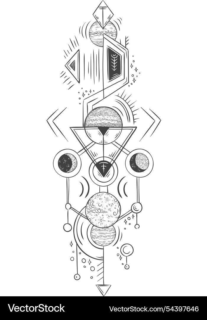Geometrical drawing representing planets and moons