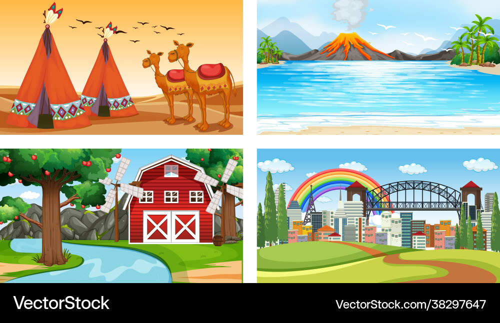 Four different scenes with various animals Vector Image