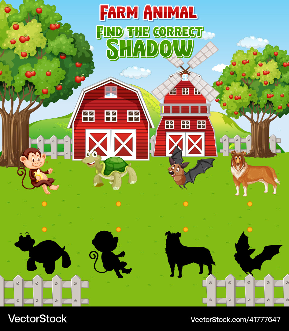 Matching farm animal shadow worksheet Royalty Free Vector
