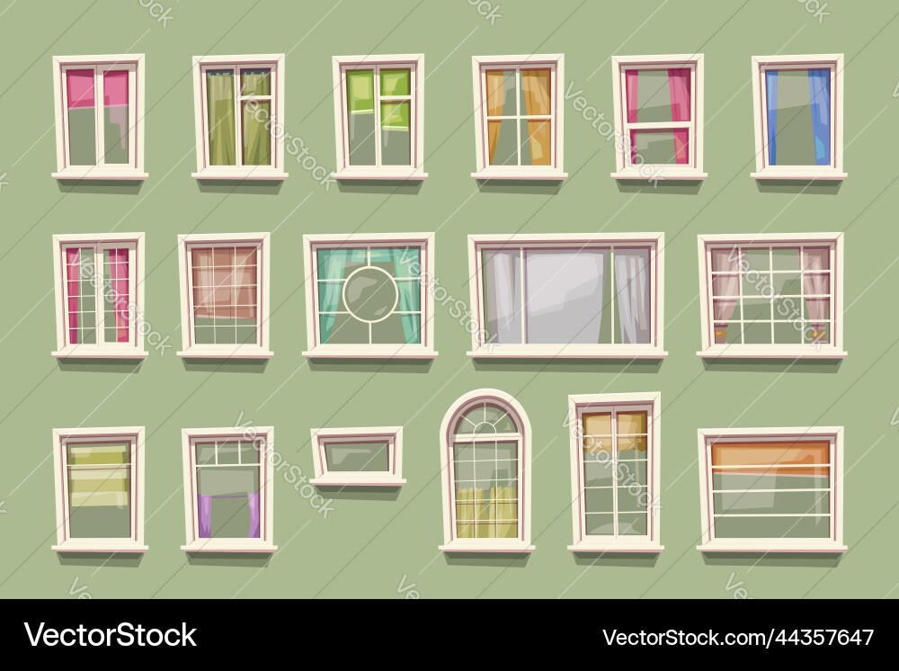 Transparent windows big set in cartoon style Vector Image