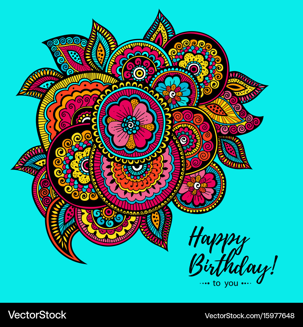 Happy birthday card with indian floral pattern Vector Image