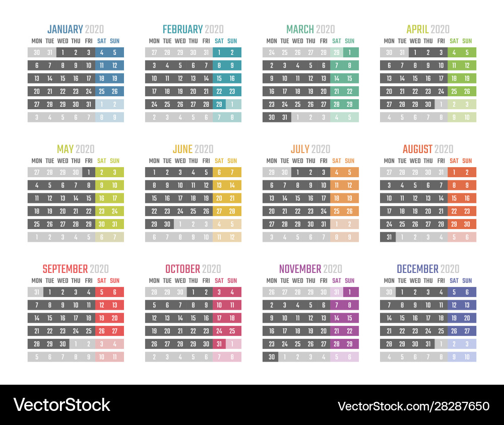 Calendar for 2020 starts monday Royalty Free Vector Image