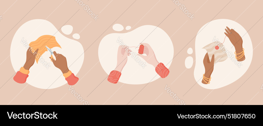 Hands sewing and tailoring set Royalty Free Vector Image