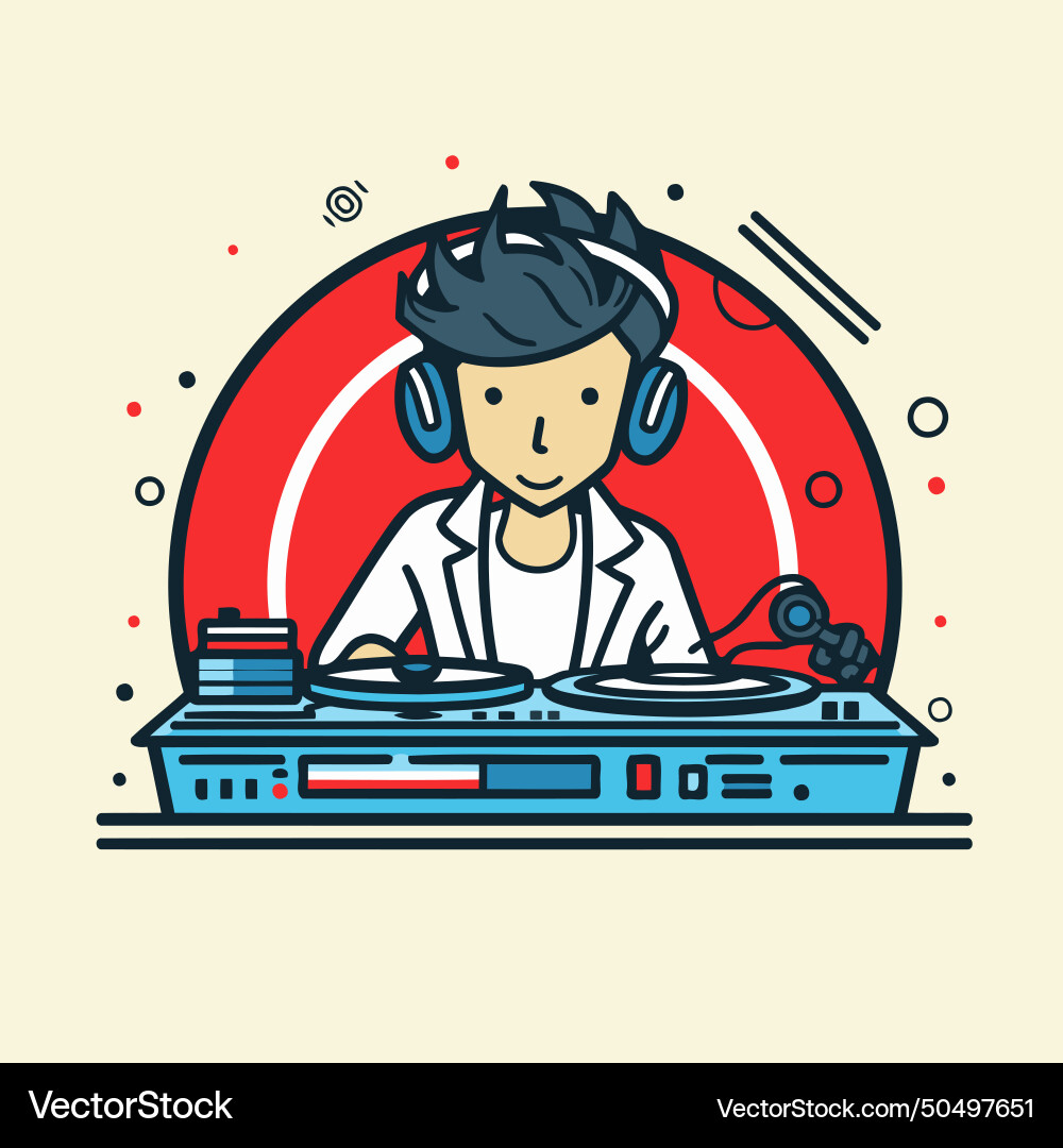 Dj playing music on turntable line art design Vector Image