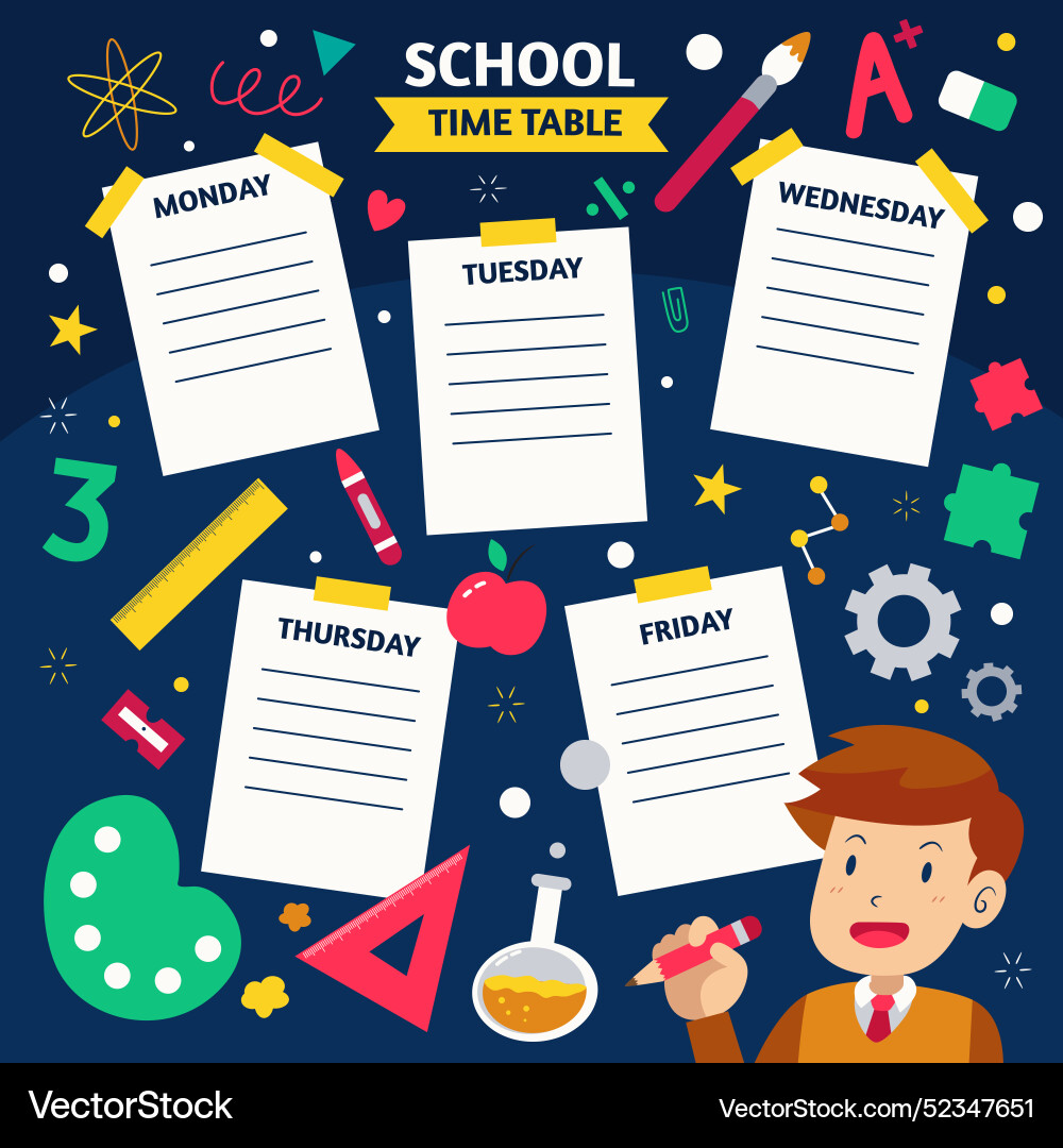 Flat back to school timetable template Royalty Free Vector