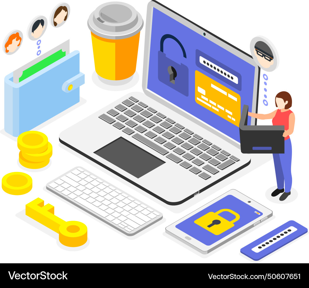 Laptop wallet scammers composition Royalty Free Vector Image
