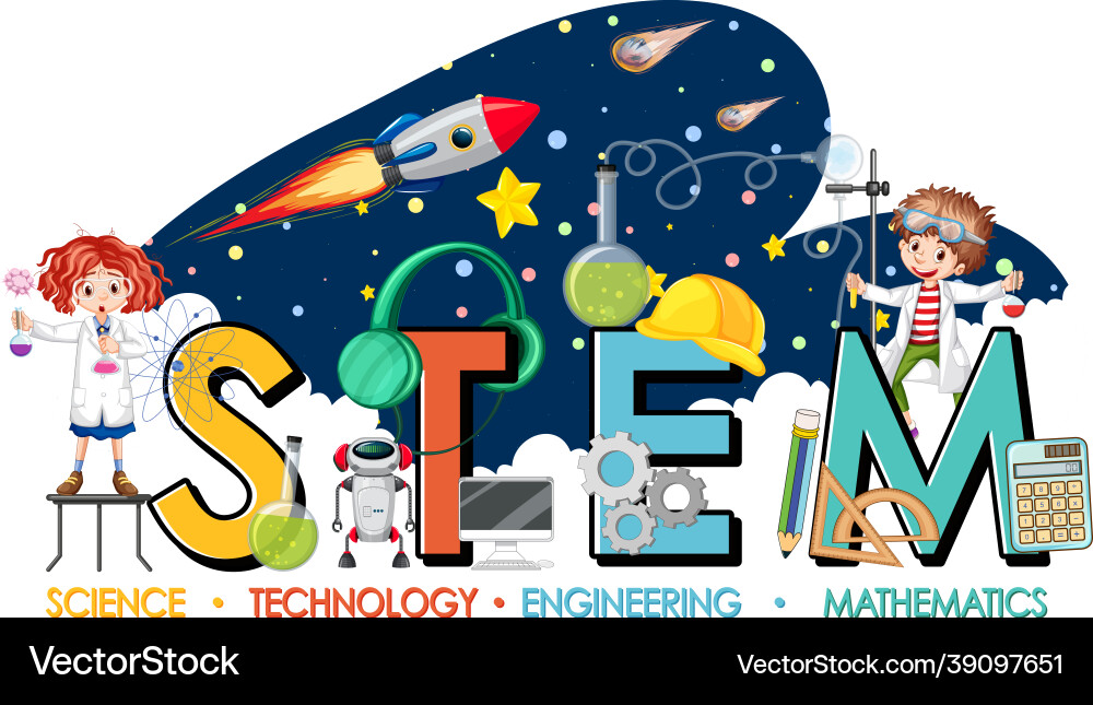 Stem education logo with scientist kids in galaxy Vector Image