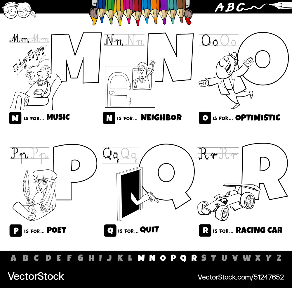 Educational alphabet letters cartoon set from m Vector Image
