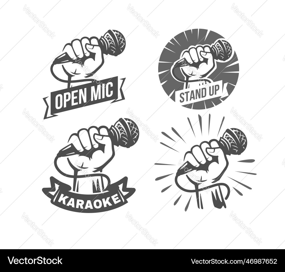 Hand with microphone emblem set karaoke open mic Vector Image