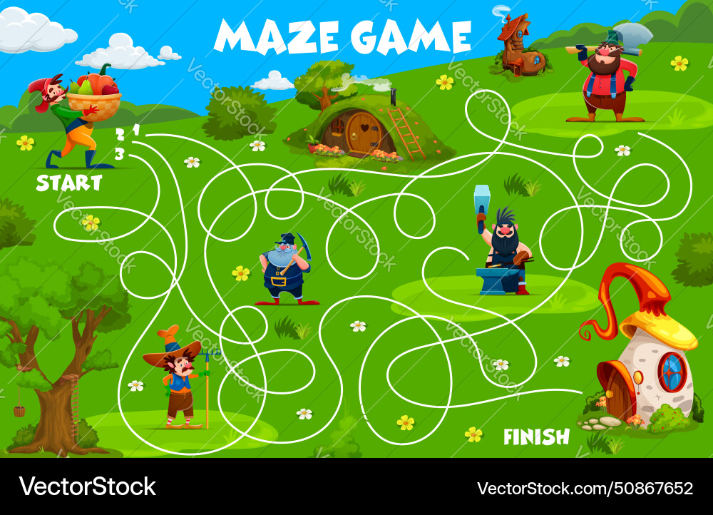 Kids labyrinth maze game cartoon garden gnomes Vector Image