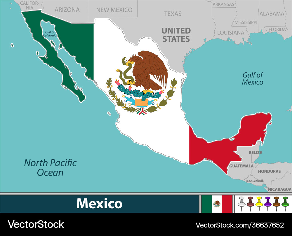 Mexico Map with Neighboring Countries Royalty Free Vector