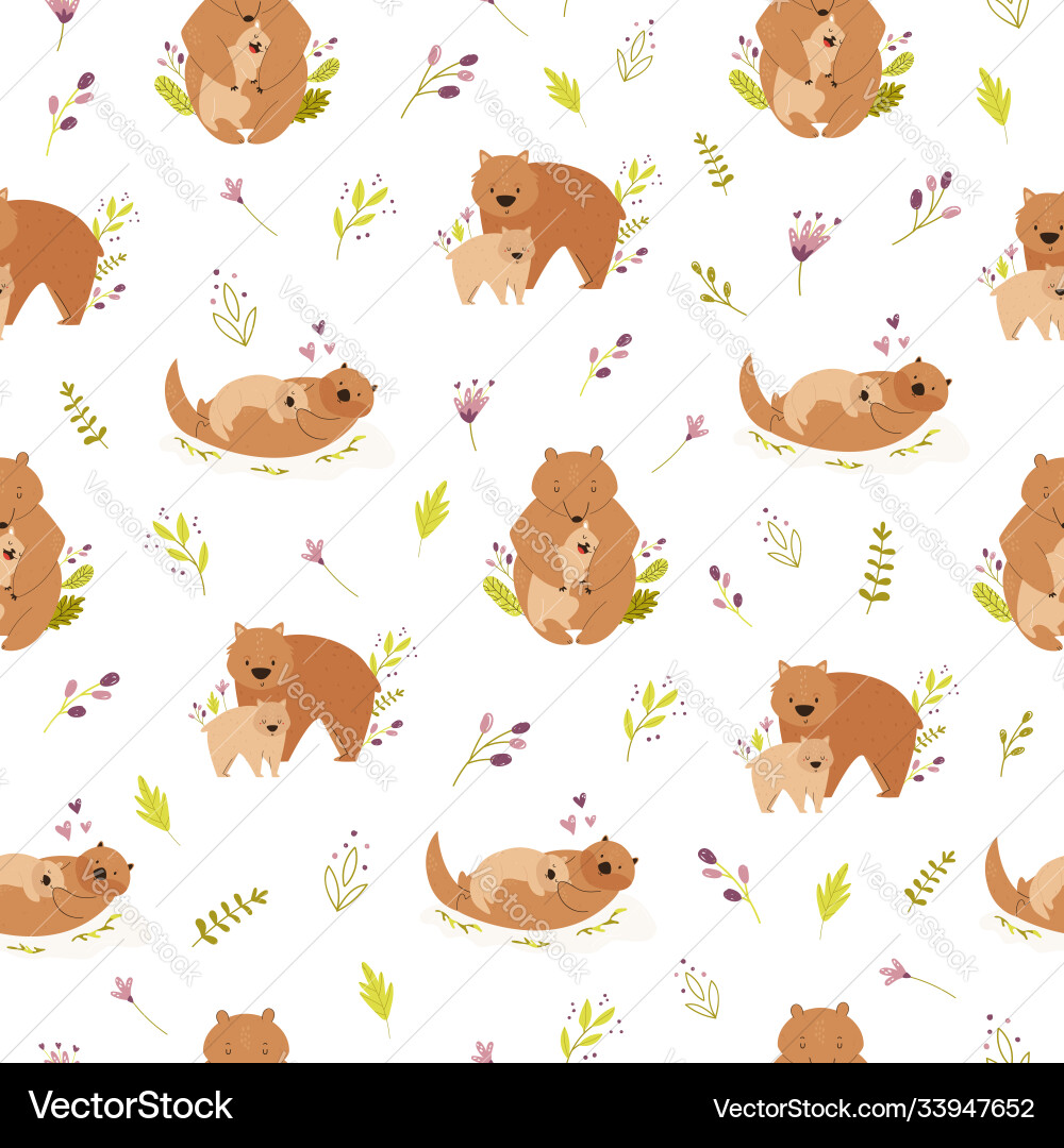Seamless pattern with cute animals families wombat