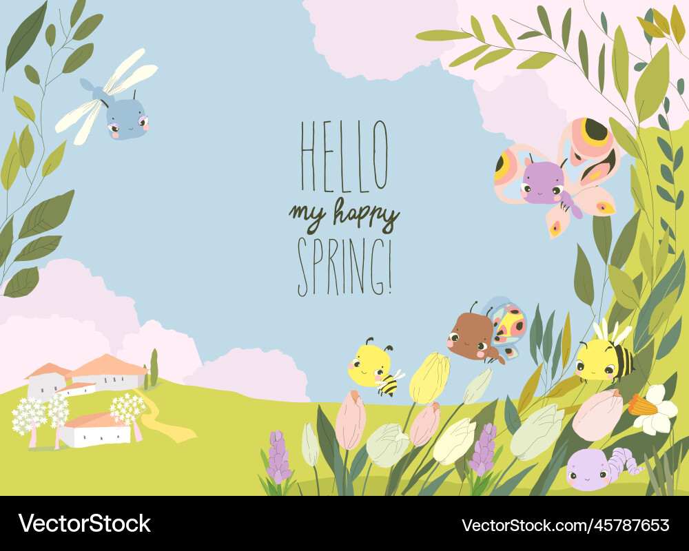 Cartoon frame with cute baby insects spring Vector Image