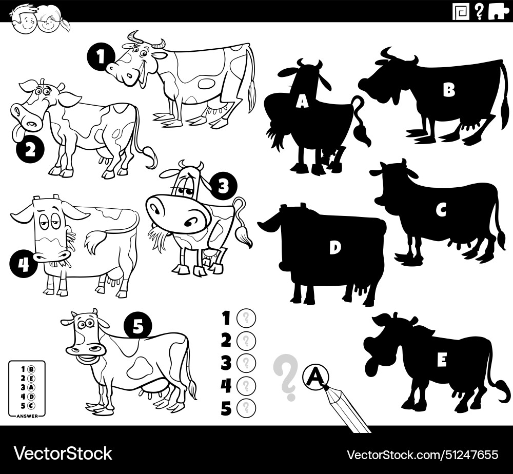 Finding shadows activity with cartoon cows Vector Image
