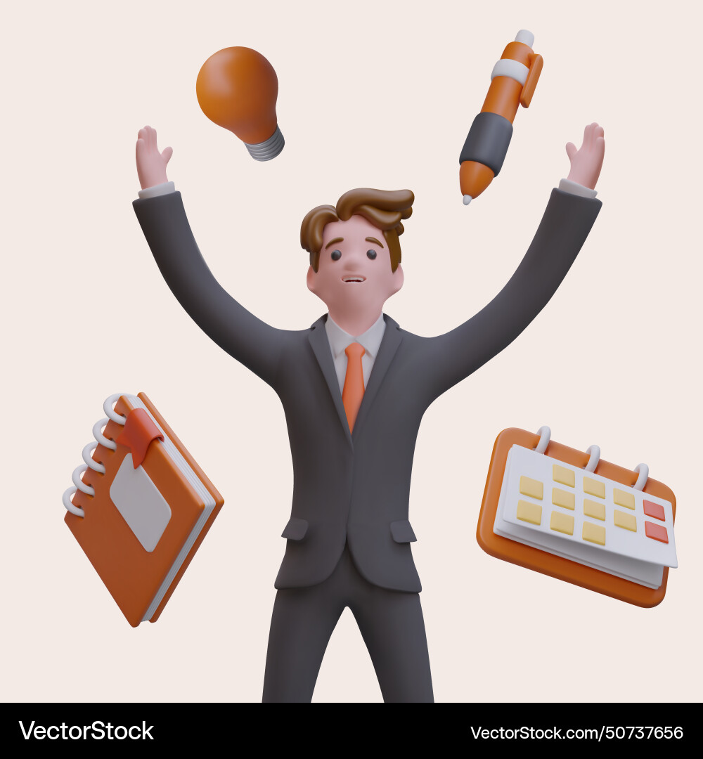 Adult man rising up hands using office supplies Vector Image