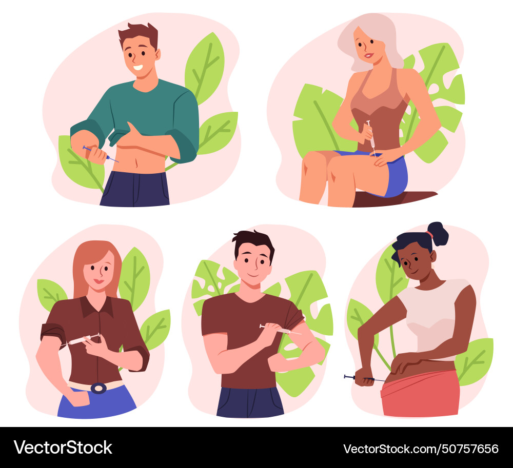 Set of smiling people making self injections Vector Image
