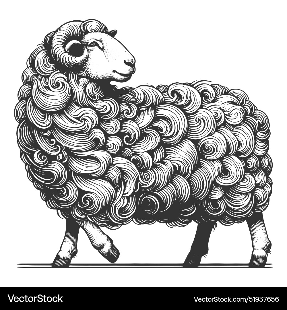 Woolly sheep engraving sketch Royalty Free Vector Image