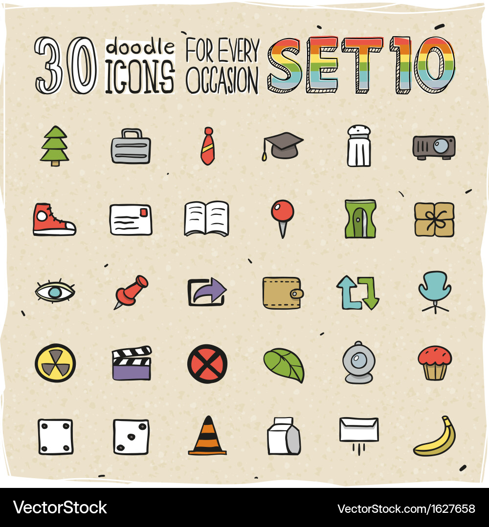 30 colorful doodle icons set 10 Royalty Free Vector Image