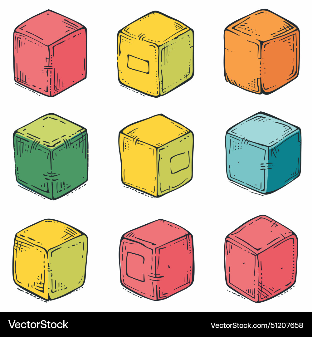 Handdrawn cubes sketched various colors including Vector Image