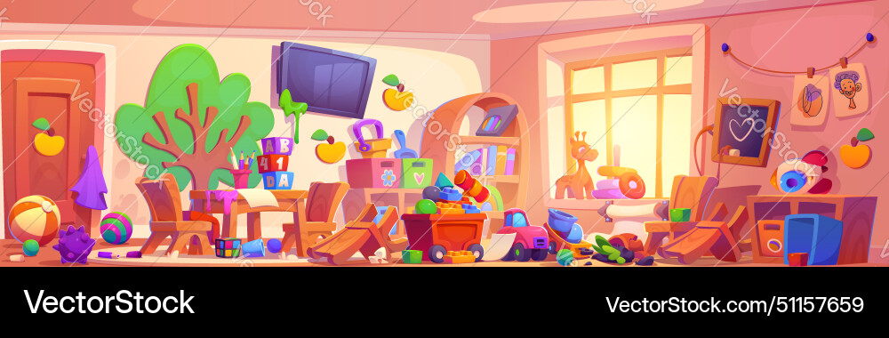 Messy kid classroom or nursery with toy background