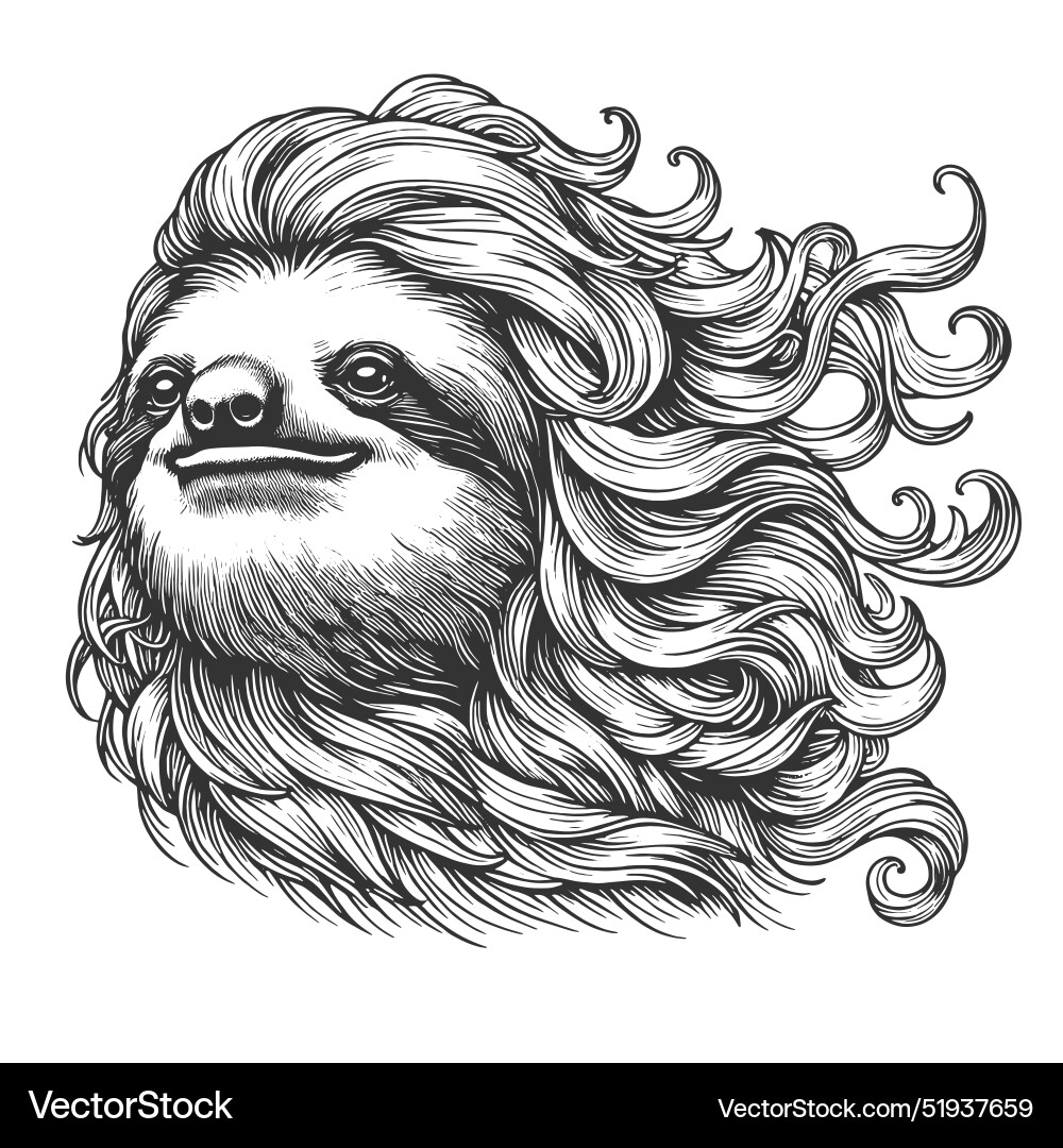 Whimsical sloth with flowing hair engraving Vector Image
