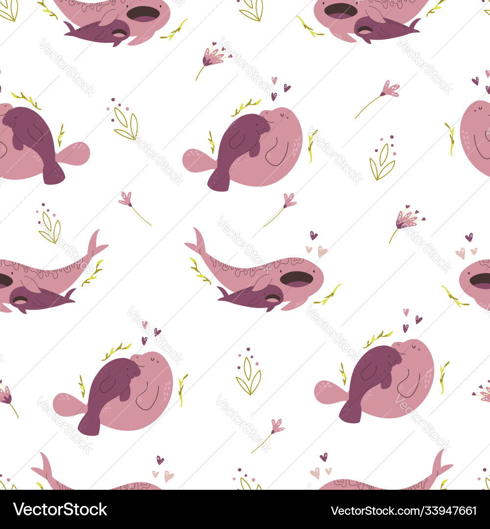 Adorable Whale & Manatee Pattern Royalty Free Vector