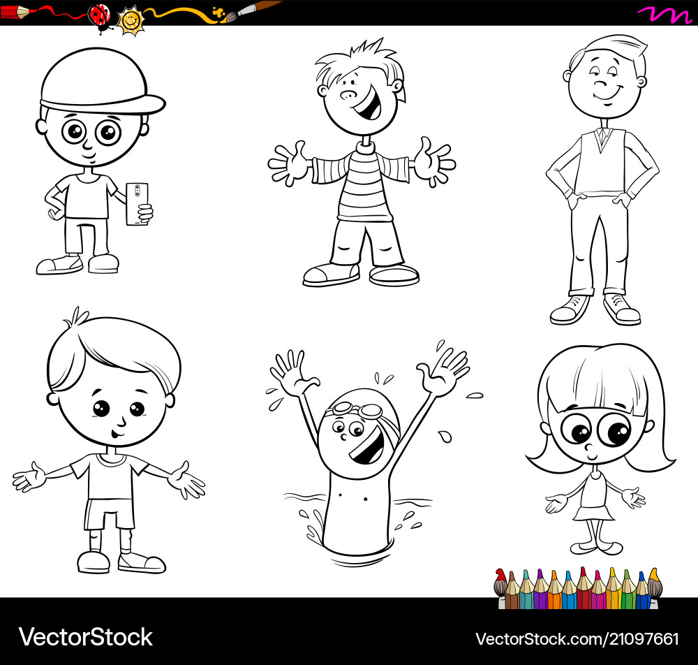 Children characters set coloring book Royalty Free Vector