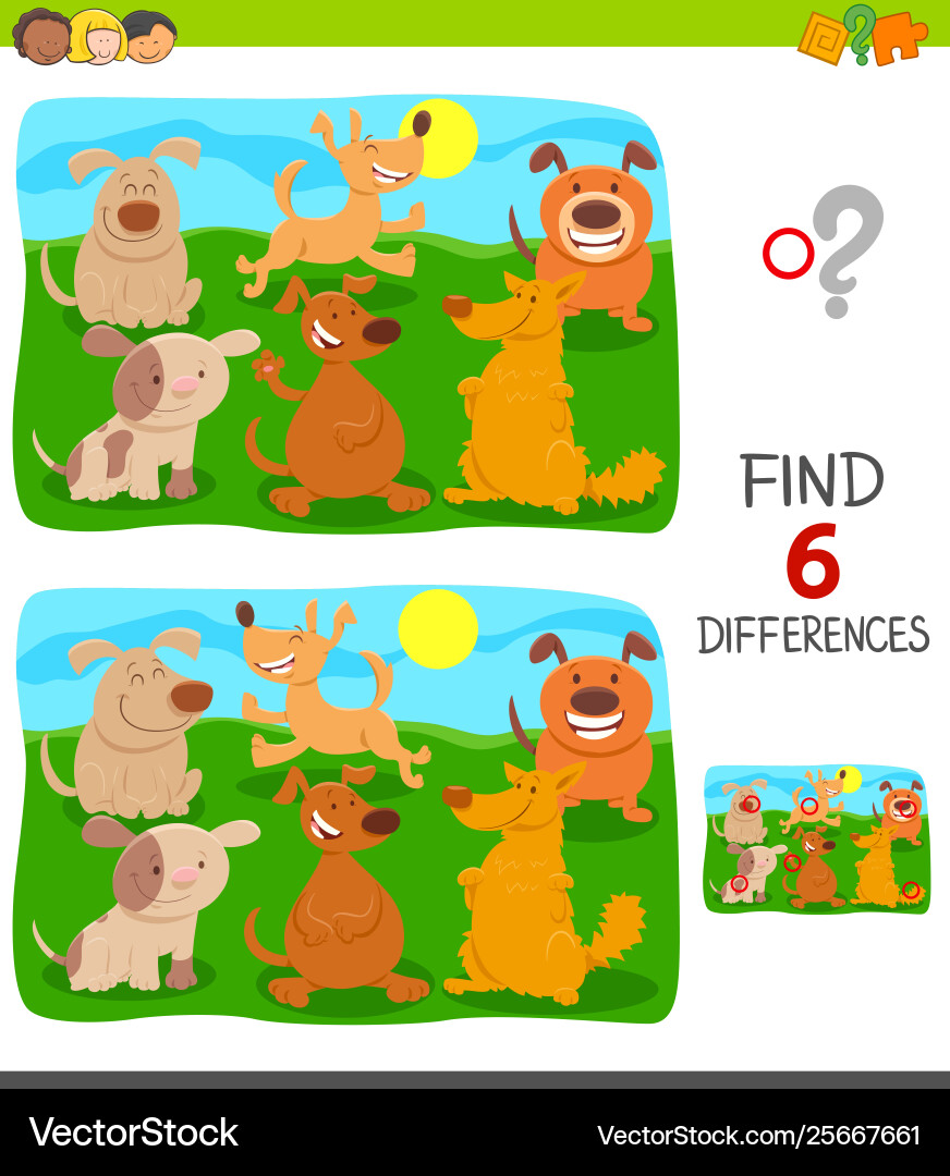 Finding differences game with cute dogs Royalty Free Vector