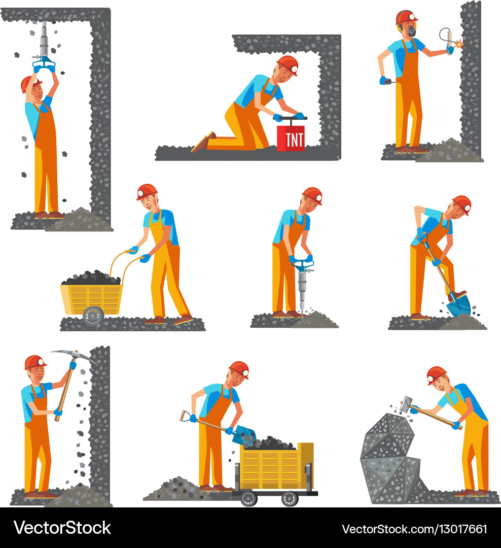 Miner people flat collection Royalty Free Vector Image