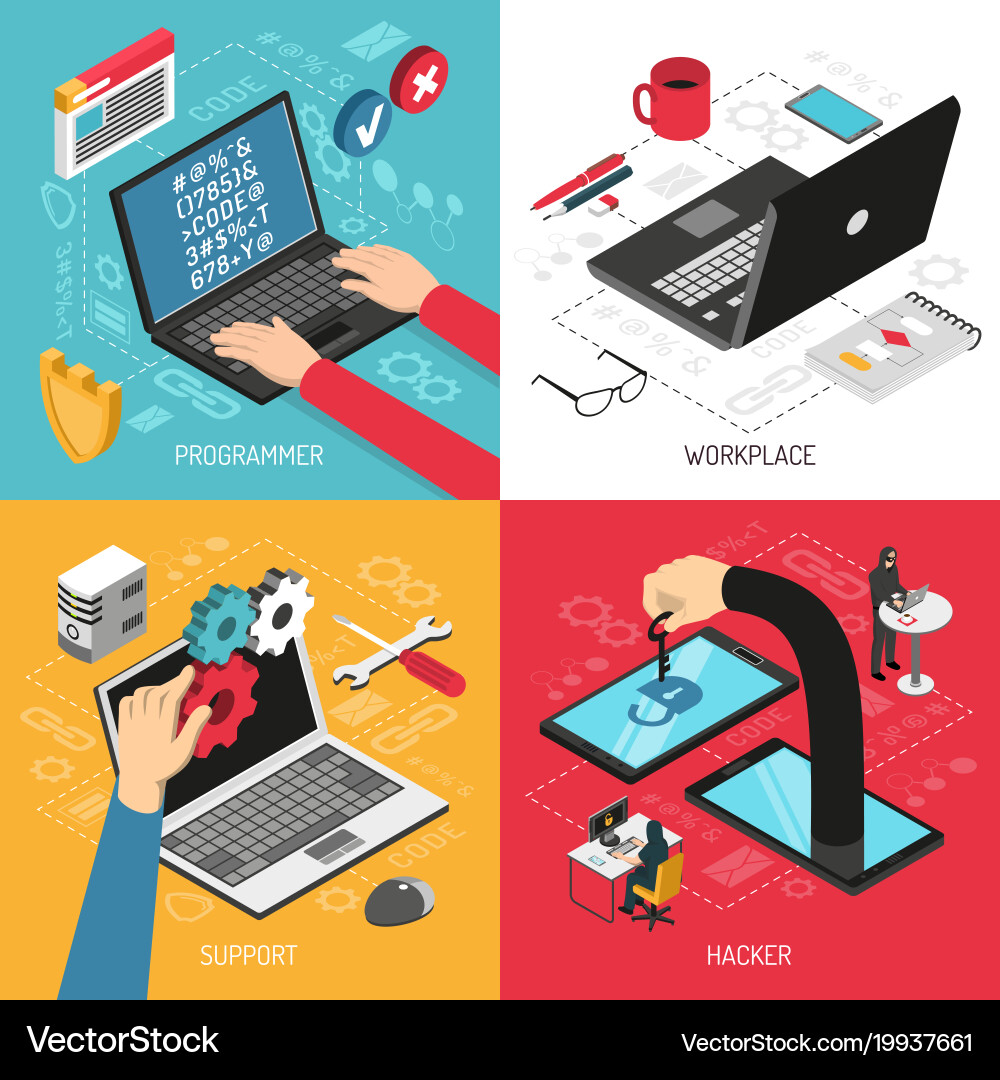 Programmer concept 4 isometric compositions Vector Image