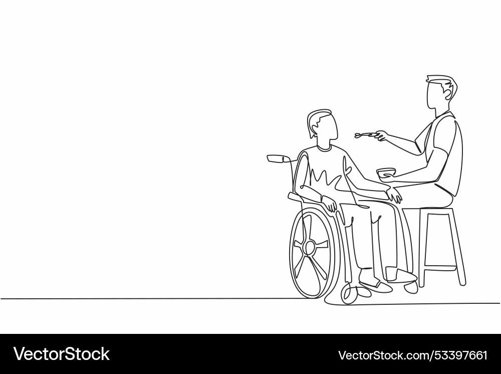 Single one line drawing caregiver sits and feeds Vector Image