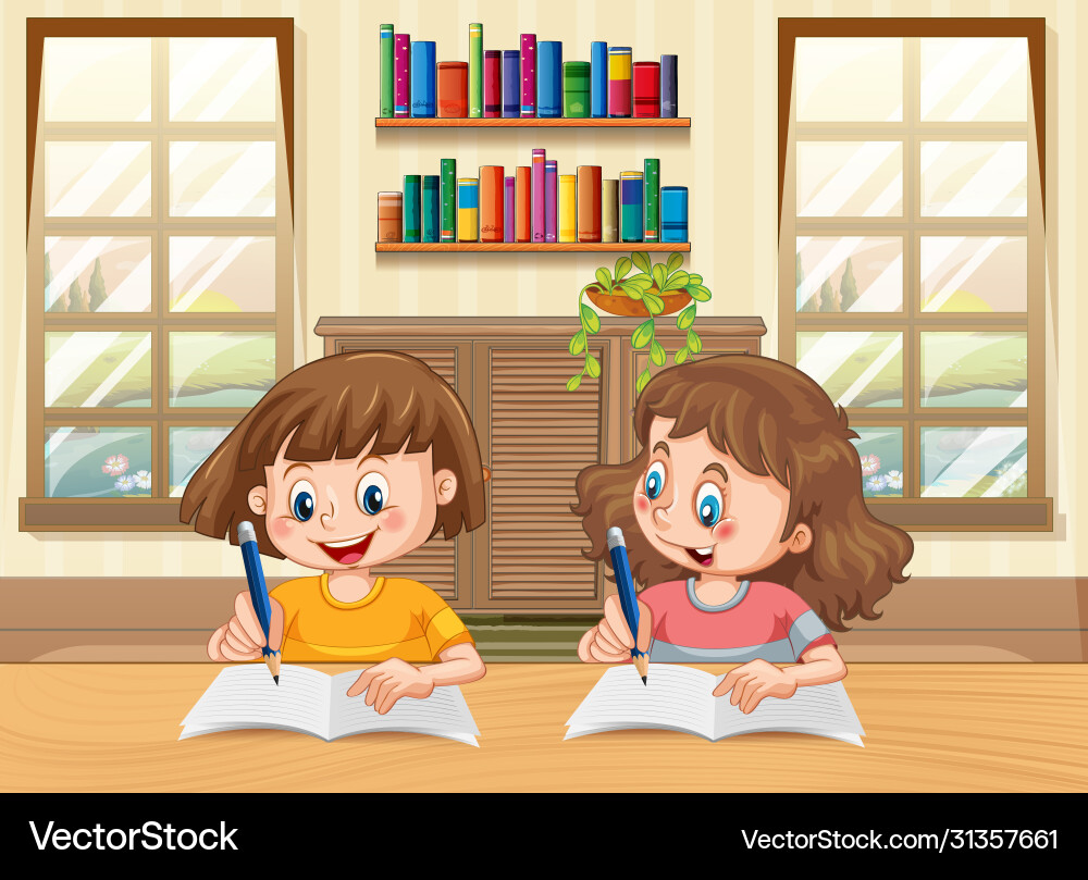 Two kids cartoon character doing homework Vector Image