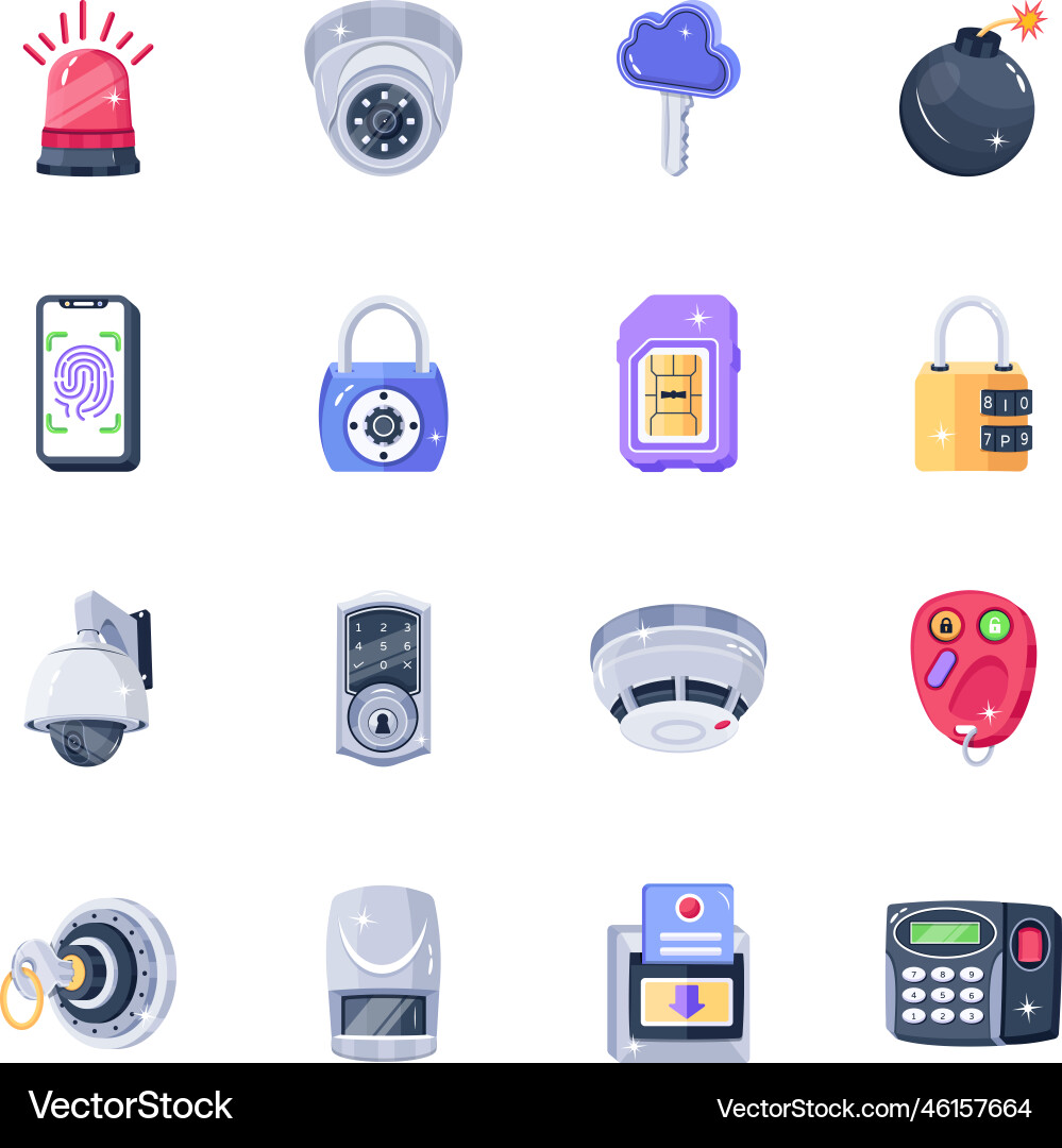 Collection of security devices 2d icons Royalty Free Vector