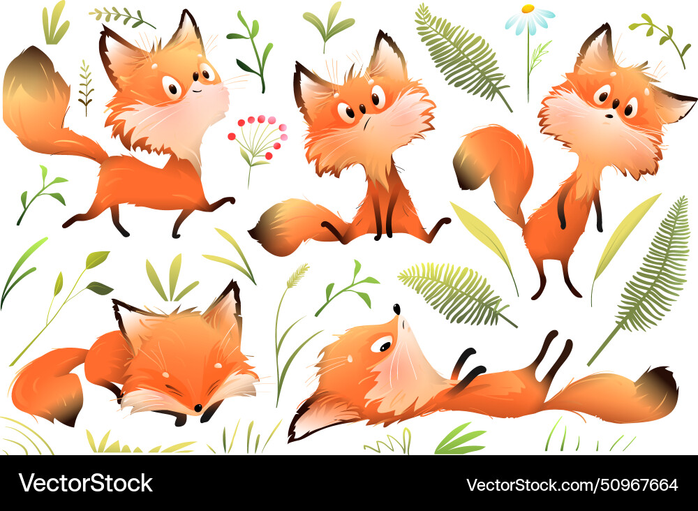 Cute fox character poses for kids book Royalty Free Vector