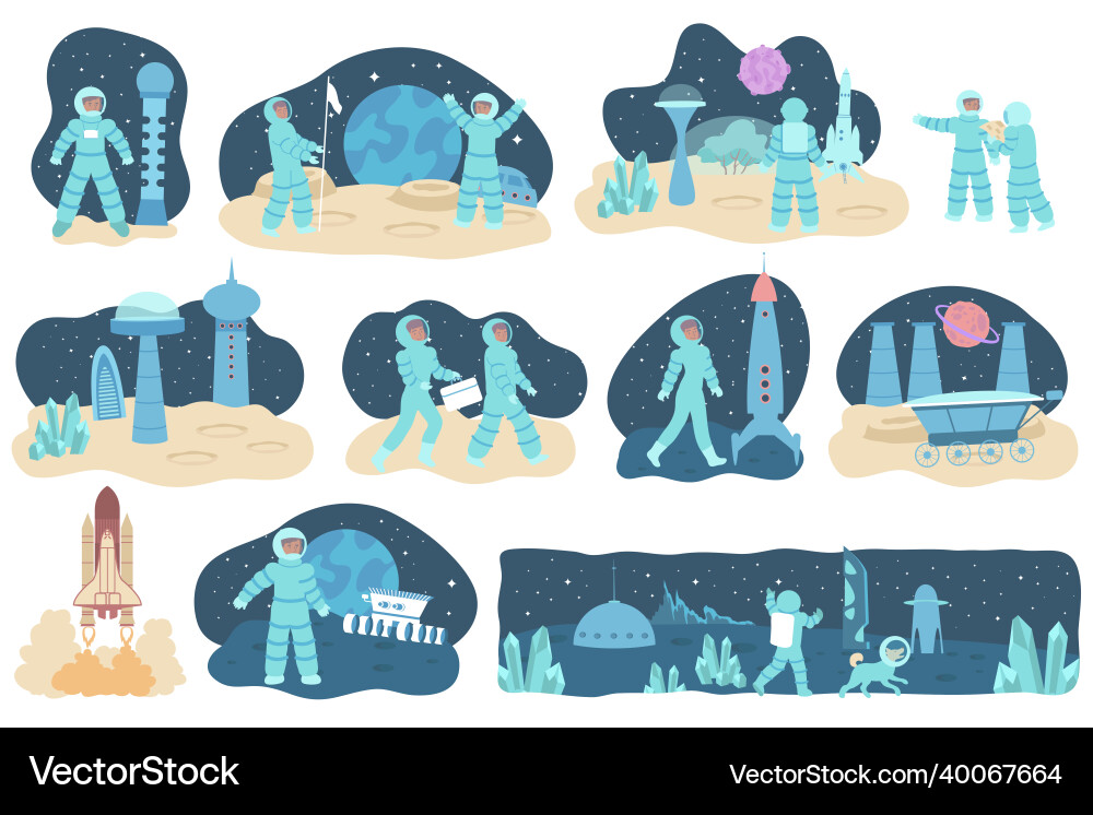 Space colonization scenes set Royalty Free Vector Image