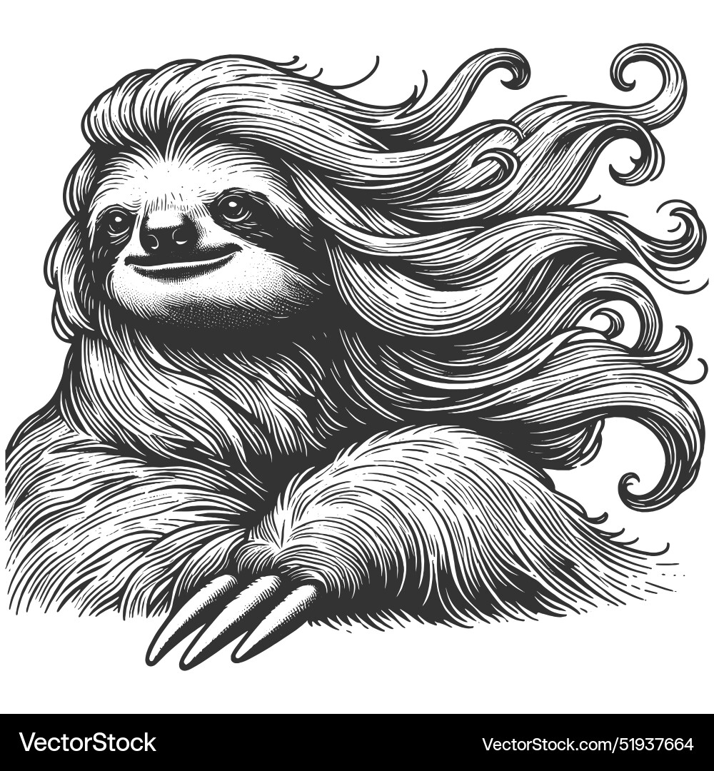 Whimsical sloth with flowing hair engraving Vector Image