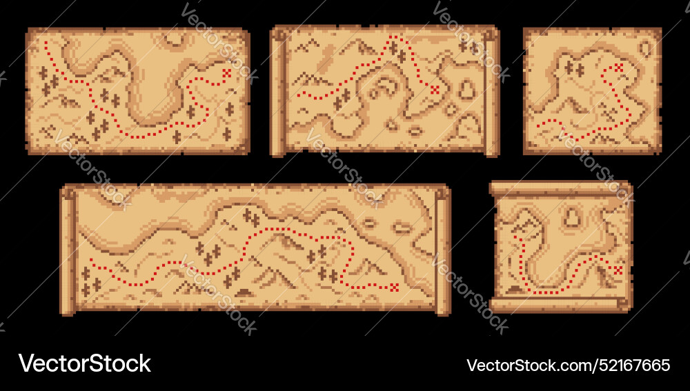 Pixel maps pirate treasure paper scrolls game ui Vector Image