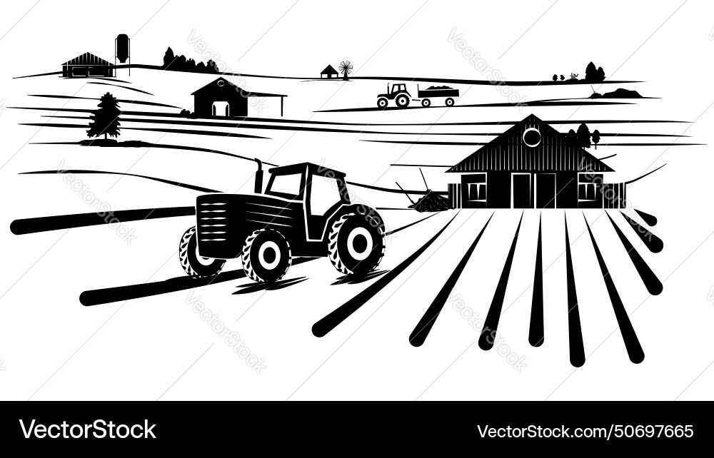 Silhouette scene from farm life with fields Vector Image