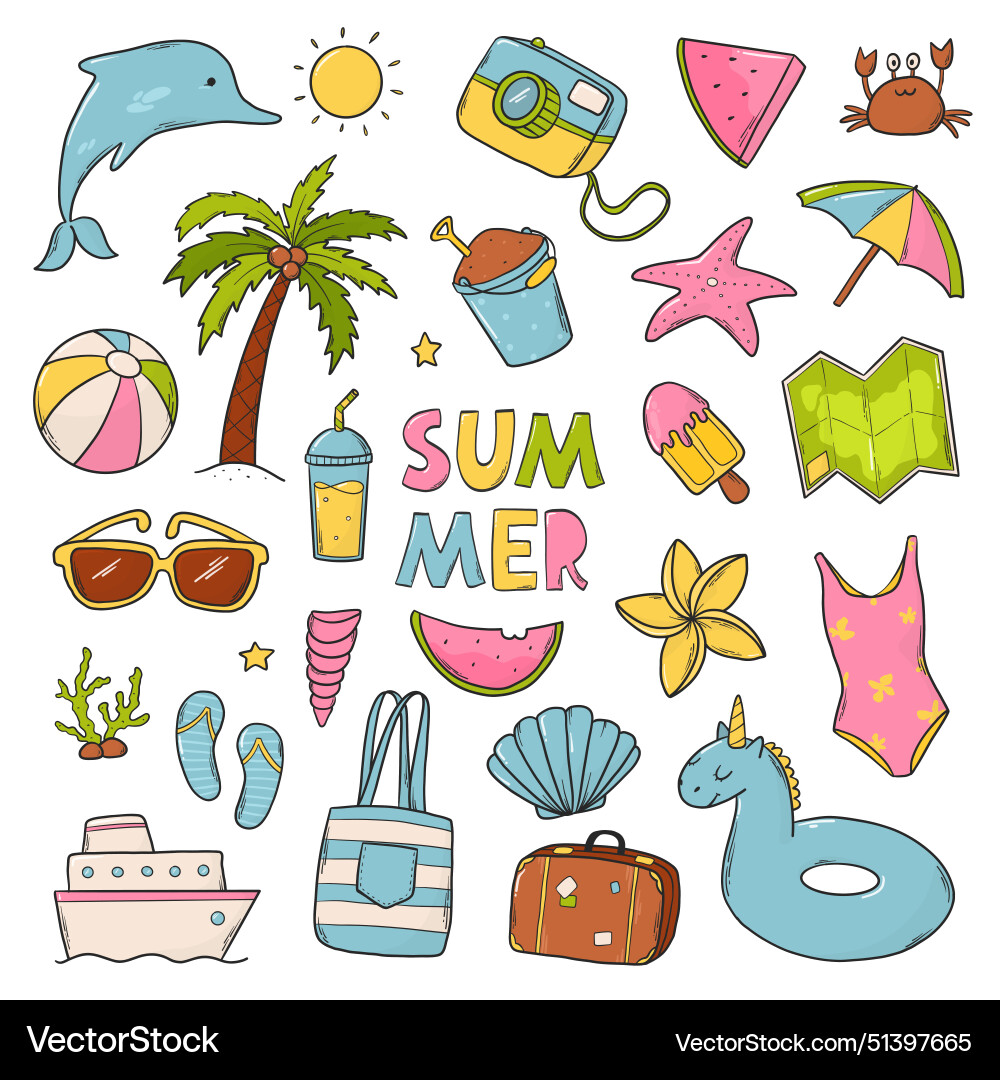 Summer cartoon elements collection Royalty Free Vector Image