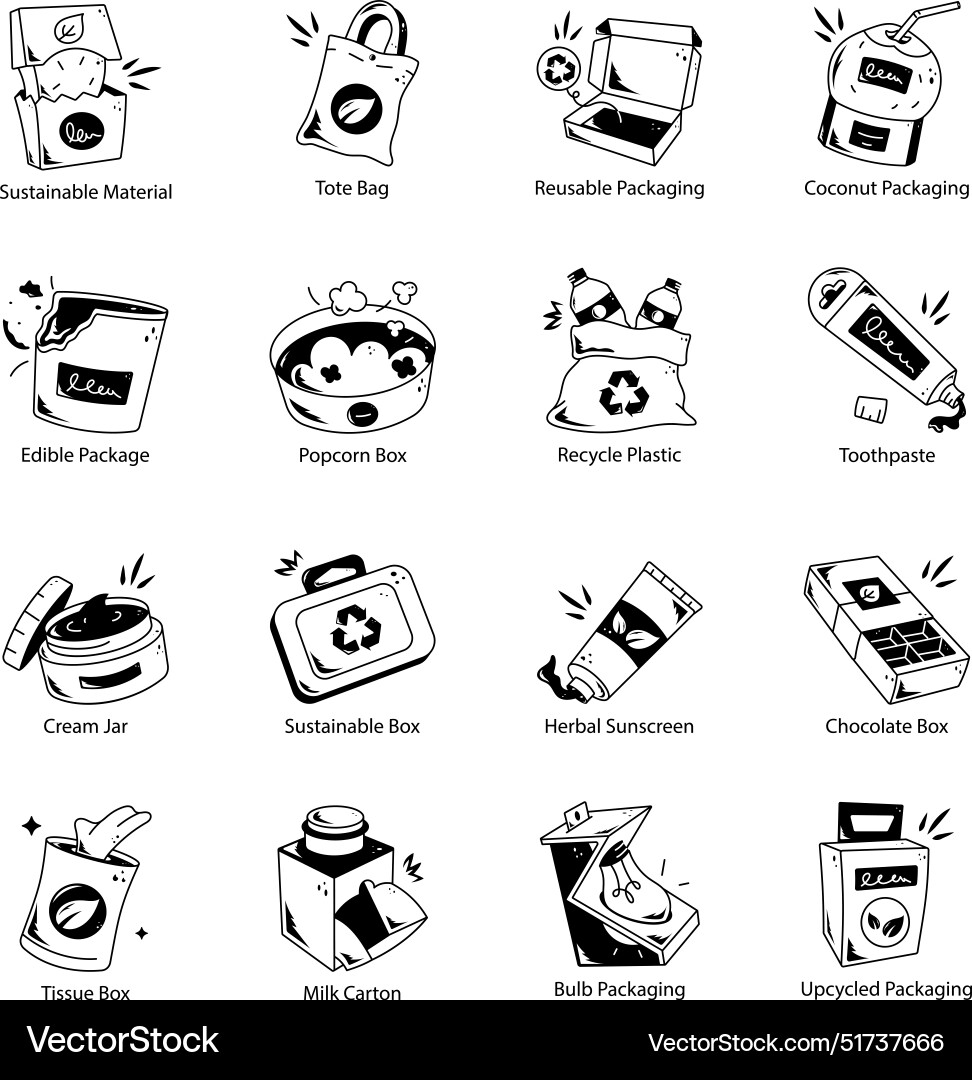 Bundle of reusable packaging doodle icons Vector Image