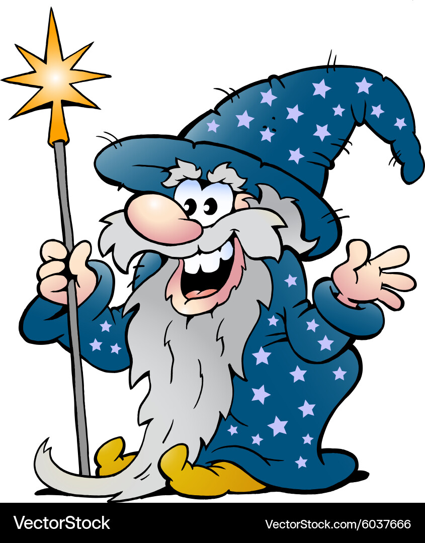 Cartoon of a happy old wizard magic man Royalty Free Vector